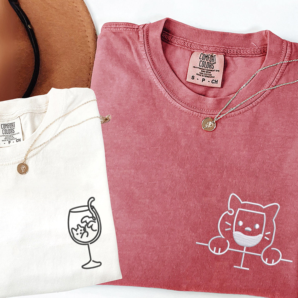 Custom Embroidered Cat Drinking Glasses Matching T-shirts for Couples