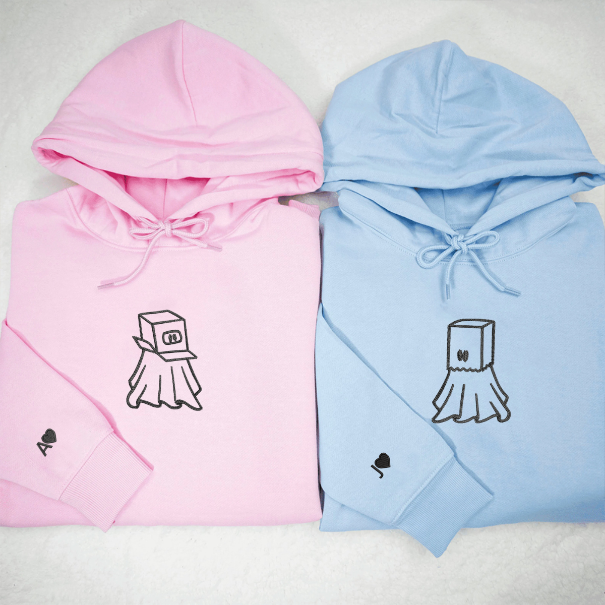 Custom Embroidered Ghost Boxhead & Paperbag Matching Hoodies for Coupl